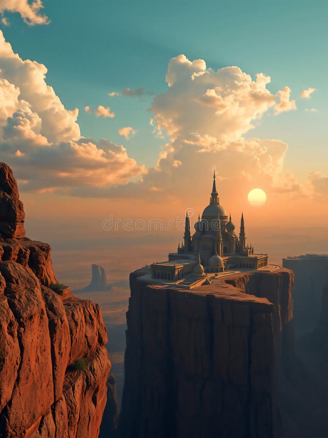 Futuristic City and Space Base in the Desert, Sunset in the Sky with ...