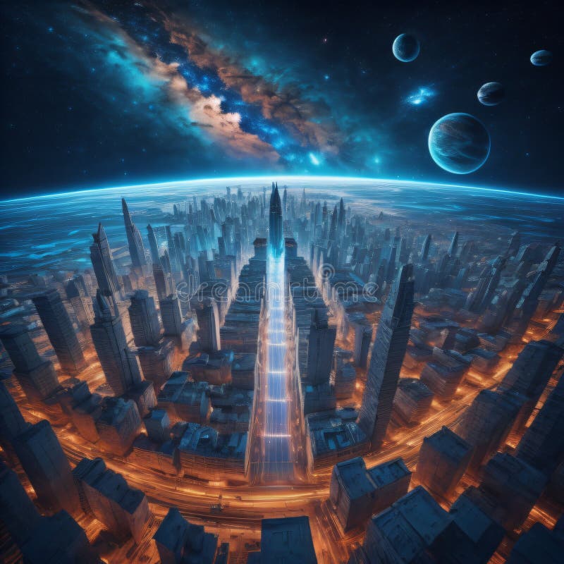 Illustration of a Futuristic City in Space with Skyscrapers by the Sea ...