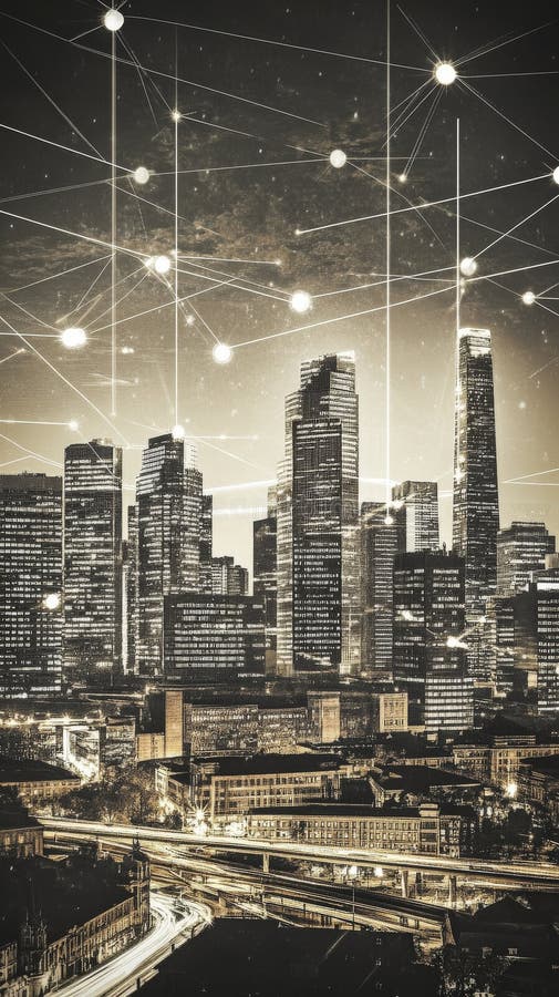 Futuristic City Sprawl with Illuminated Network Web Stock Illustration ...