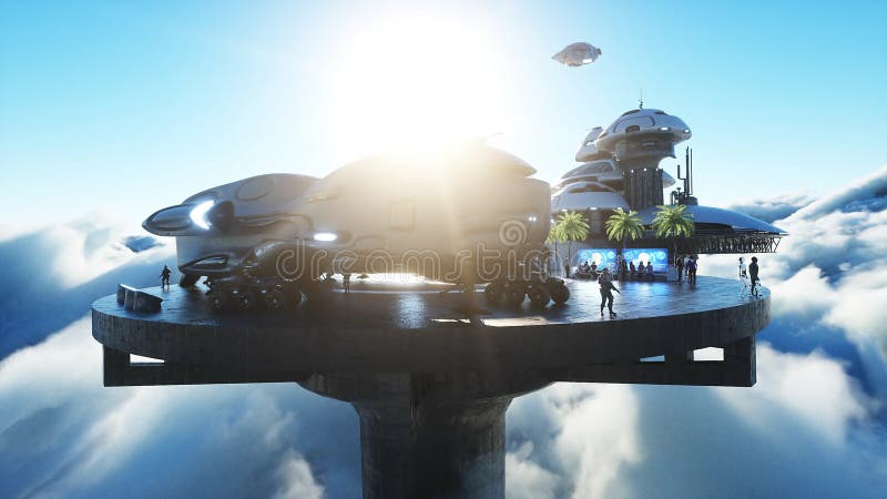 Futuristic City Station on the Clouds. Flying Futuristic Ships. Concept ...