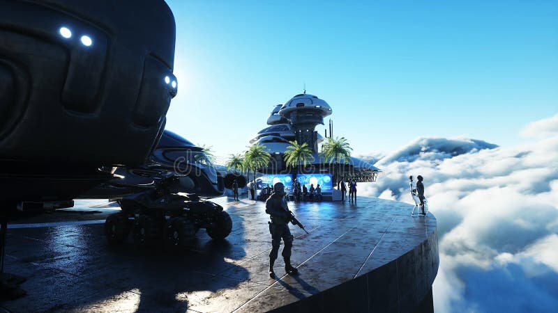 Futuristic City Station on the Clouds. Flying Futuristic Ships. Concept ...