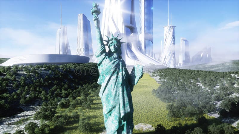 Futuristic City and Statue of Liberty. Future Concept. Aerial View. 3d ...