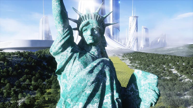 Futuristic City and Statue of Liberty. Future Concept. Aerial View. 3d ...