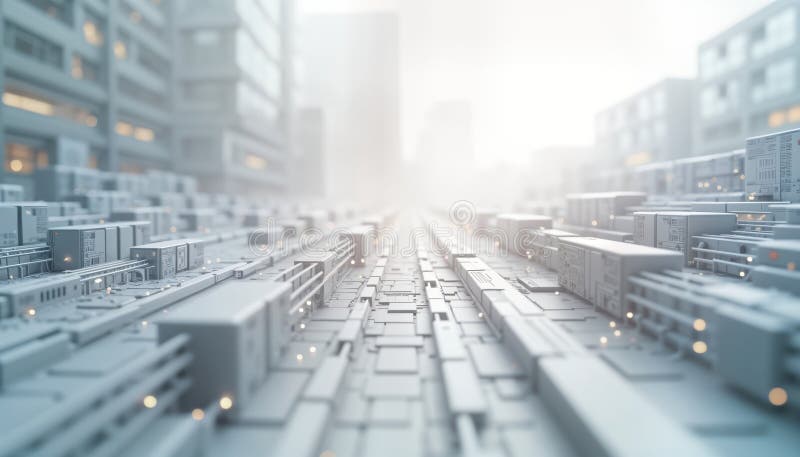 Futuristic City Street with Abstract Grey, White Tech Boxes, Structures ...