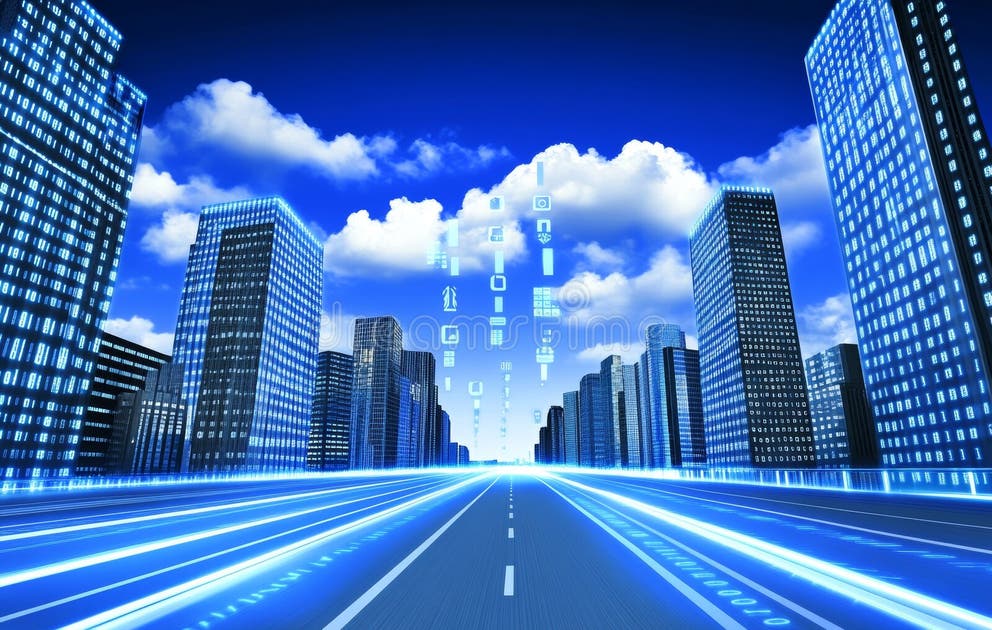 A Futuristic City Street with a Blue Hue and Binary Code Patterned Road ...