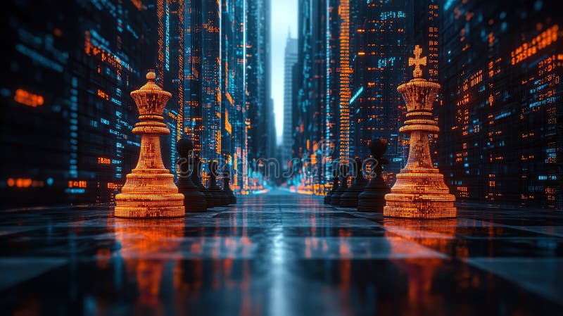 Futuristic City Street with Chess Pieces, Representing Strategy and ...