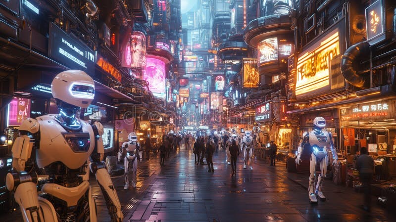 Futuristic City Street at Night with Robots, AI Generated Stock ...