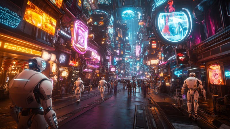 Futuristic City Street at Night with Robots, AI Generated Stock ...