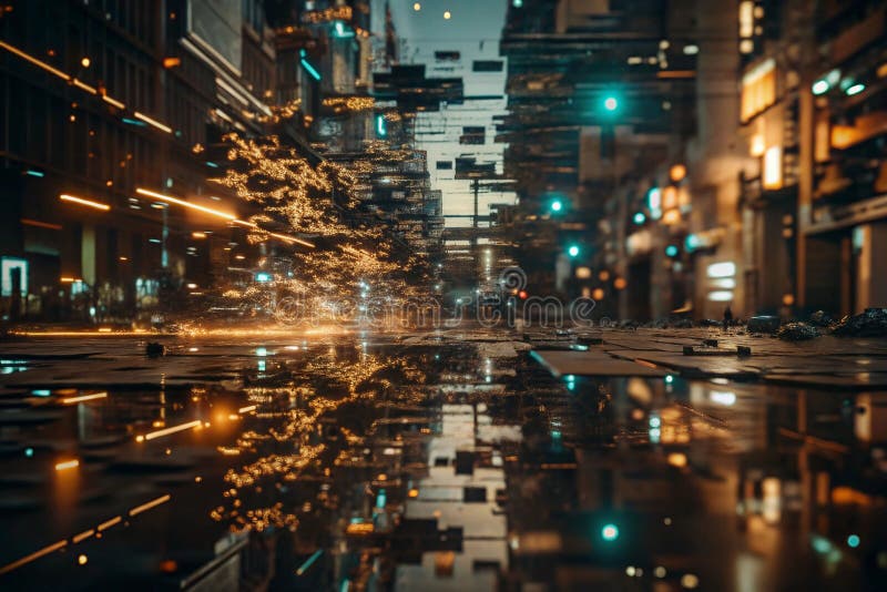 Futuristic City Street Puddle Reflection Night Stock Illustration ...