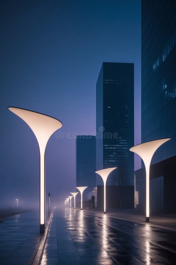 Futuristic City Street with Unique Lamp Posts at Night. Stock ...