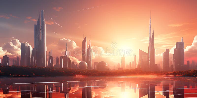 Futuristic City at Sunset. 3D Render Stock Illustration - Illustration ...