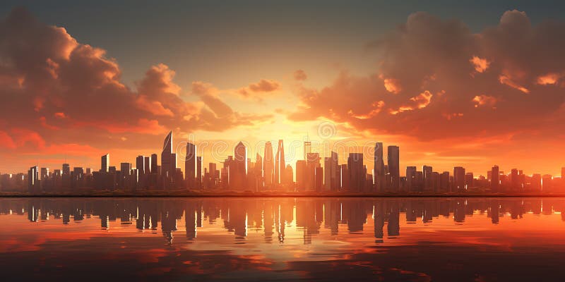 Futuristic City at Sunset. 3D Render Stock Illustration - Illustration ...