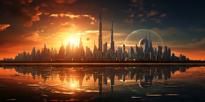 Futuristic City at Sunset. 3D Render Stock Illustration - Illustration ...
