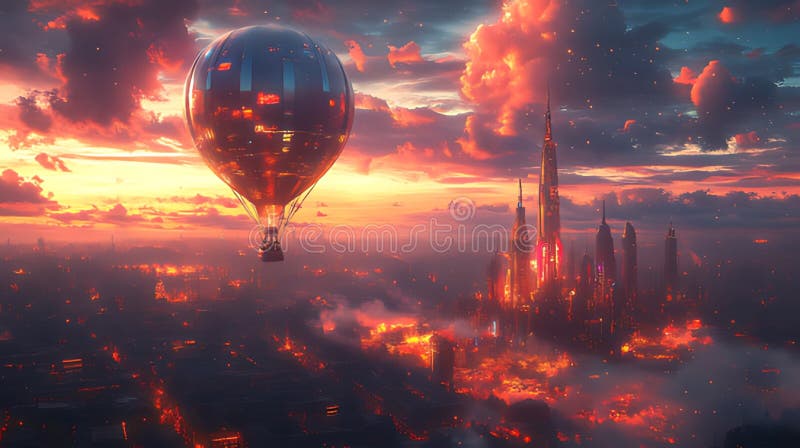 Futuristic City Sunset with Hot Air Balloon Stock Illustration ...