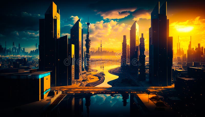 Futuristic City at Sunset with River Running through it. Generative AI ...