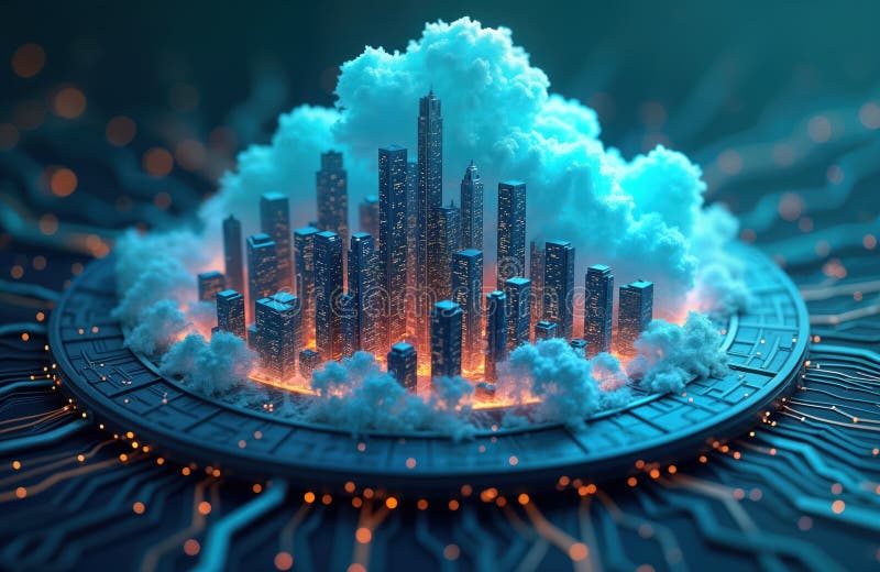 Futuristic City Surrounded by Cloud Based Tech Infrastructure. Data ...
