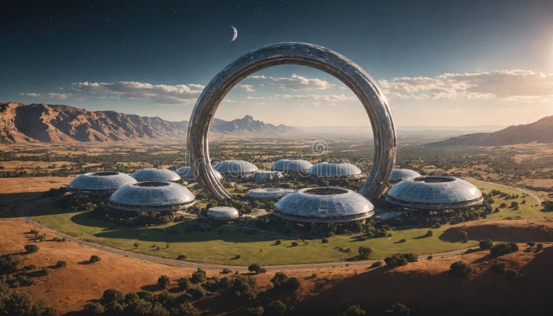 A Futuristic City is Surrounded by Dome Structures and a Large Ring ...
