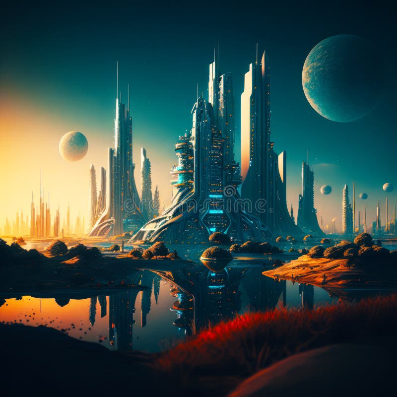 Futuristic City Surrounded by Planets and Body of Water in the ...