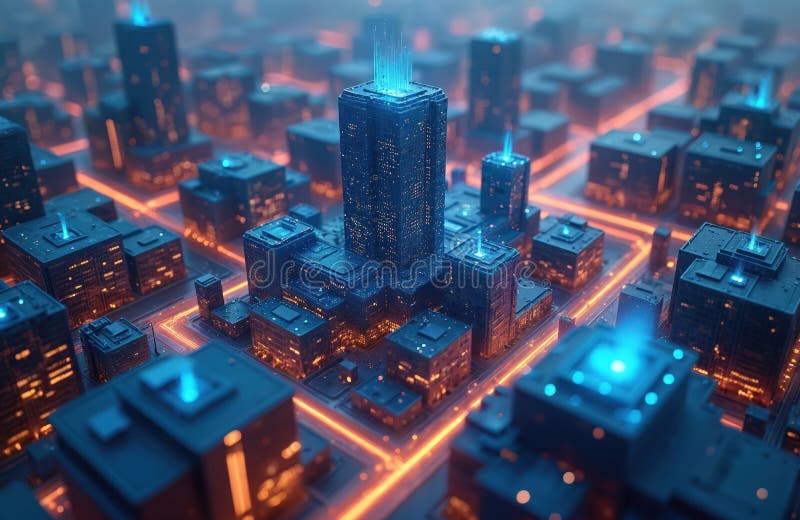 Futuristic City with Tech Structures. Modern Buildings Connected by ...