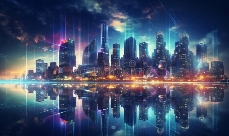Futuristic City Technology with Digital Glowing Light Reflection, Smart ...