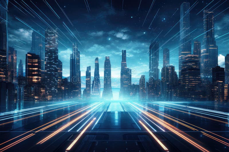 Futuristic City Technology with Speed Light Trails Path through Smart ...