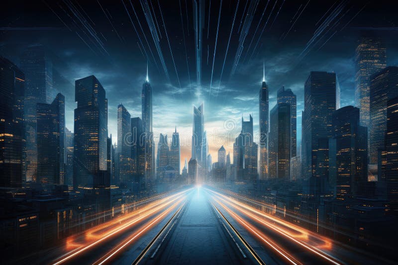 Futuristic City Technology with Speed Light Trails Path through Smart ...