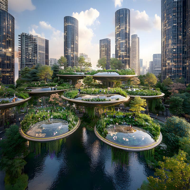 Futuristic City with Tiered Garden and Reflecting Pools Stock ...