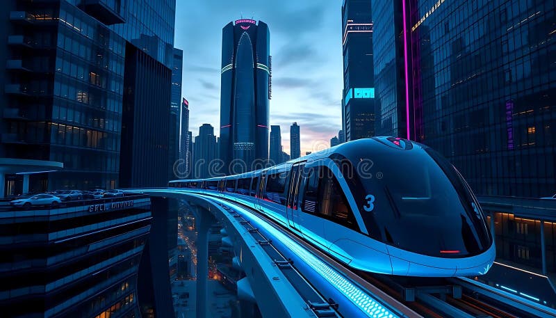 Futuristic City Train Elevated Transit System at Night Stock Photo ...