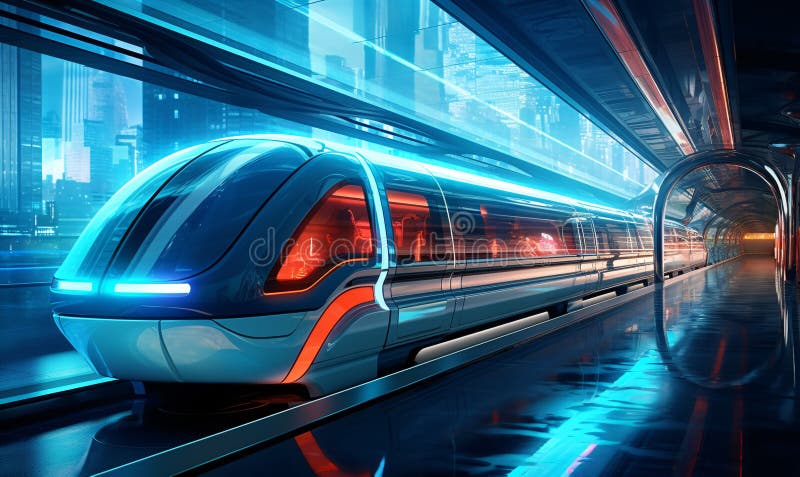 Futuristic City Train of the Future. Transporting Passengers in the Center of a Modern City ...