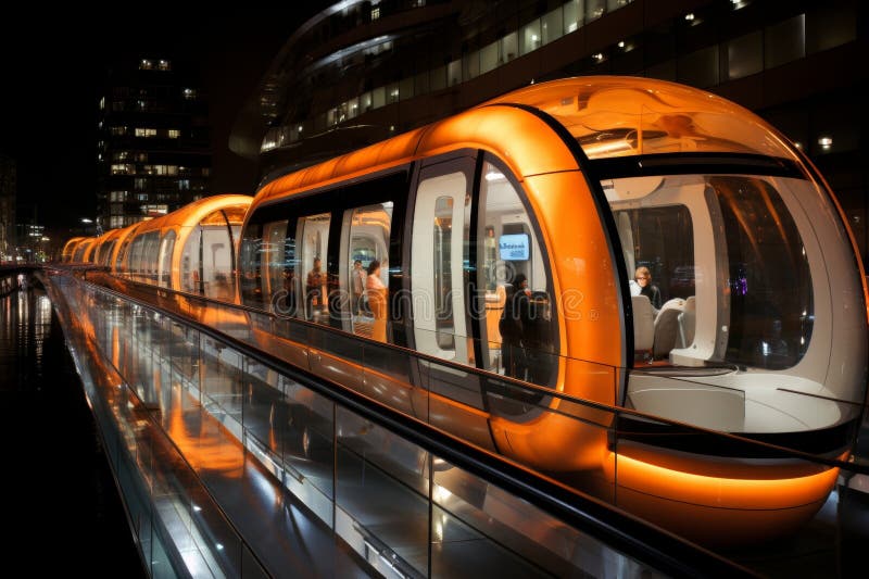 Futuristic City Train System at Night with Illuminated Windows Stock ...