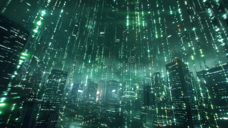 Cyber Cityscape Illuminated by Green Data Streams at Night Showcasing Advanced Artificial ...