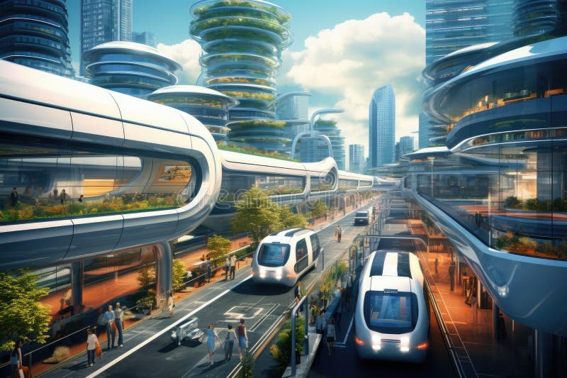 Futuristic City with Two Trains on Tracks, the Future of Mobility ...