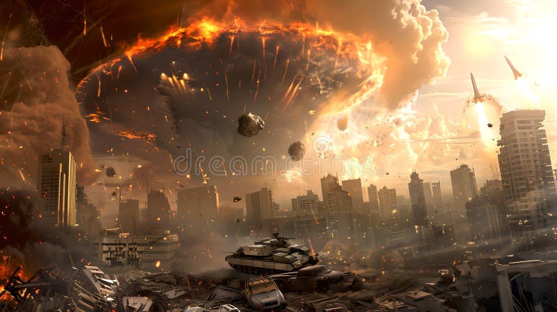 Futuristic City Under Alien Invasion. Sci-fi Scene with Exploding ...