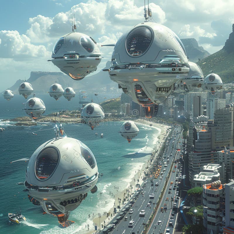 A Futuristic City Where Unusual Flying Objects Hover Over the Coast ...