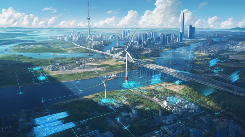 A Futuristic City with Wind Turbines and Digital Interfaces Stock ...
