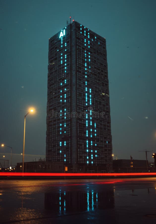 Futuristic Cityscape with Ai Tower and Neon Lights at Night Stock Image ...