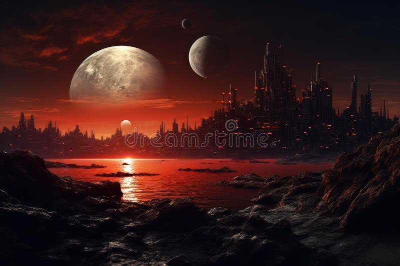 Futuristic Cityscape at Alien Sunset Stock Illustration - Illustration ...