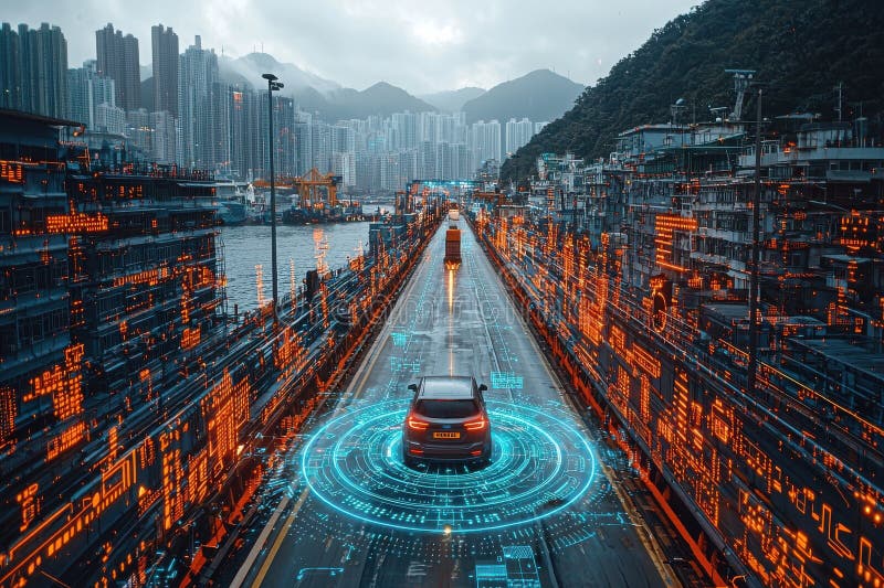 Futuristic Cityscape with Autonomous Car and Digital Interface Overlay Stock Photo - Image of ...