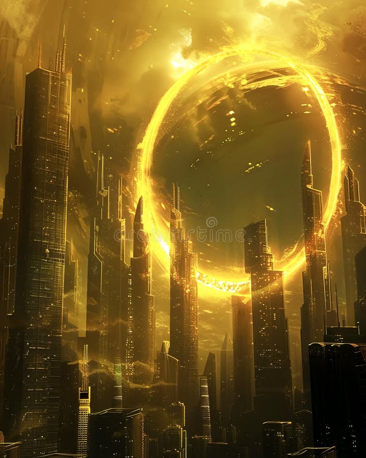 A Futuristic Cityscape Bathed in the Eerie Yellow Light of a Ring of ...
