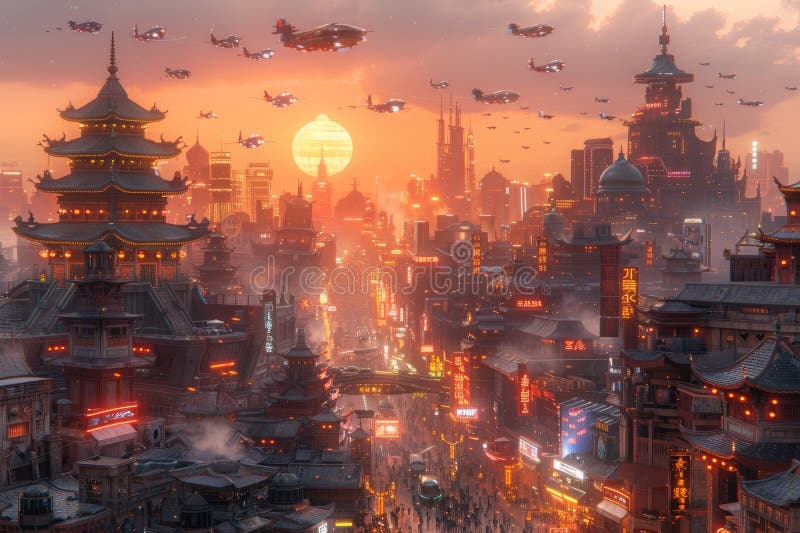Futuristic Asian Cityscape at Sunset: Flying Vehicles and Illuminated ...