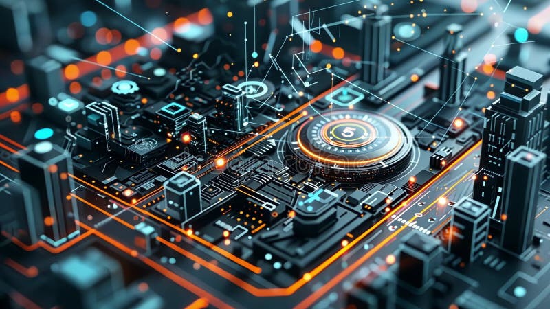 Futuristic Cityscape Built on Advanced Circuitry and Technology Stock ...