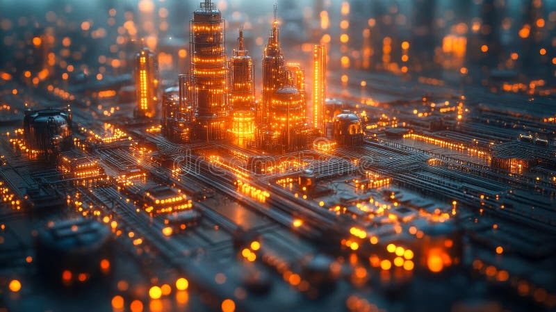 A Futuristic Cityscape Built on a Circuit Board with Glowing Lights ...