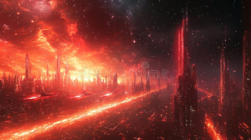 Futuristic Cityscape Burning in Red Cosmic Night Stock Illustration ...