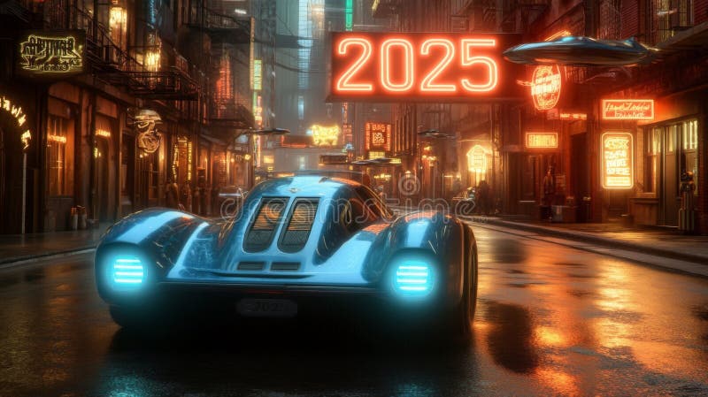 Futuristic Cityscape Car Neon Lights Year Twenty Twenty Five Stock ...