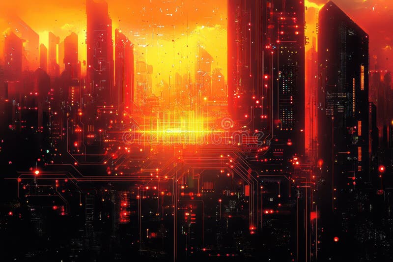Futuristic Cityscape Circuit Board Design Orange Red Glow Stock ...