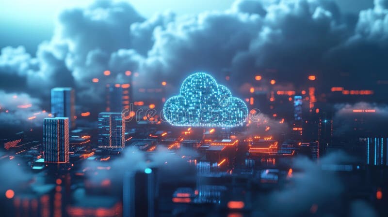 Futuristic Cityscape Cloud Computing Network Data Stock Illustration - Illustration of hightech ...