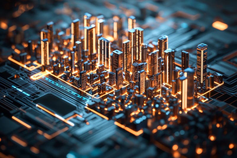 Futuristic Cityscape on a Computer Circuit Board Glowing Elements ...