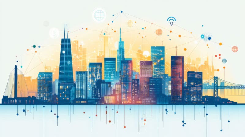 A Futuristic Cityscape with Connected Digital Networks and Buildings ...