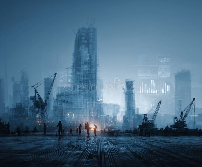 Futuristic Cityscape with Construction Workers and Cranes, Showcasing ...