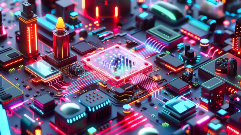 Futuristic Cityscape with a 3D Isometric Computer Chip and Glowing Data ...